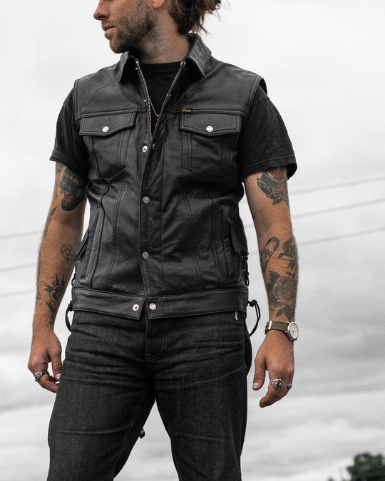 Men's Black Leather Vest – Full Grain Cowhide Sleeveless Biker Jacket